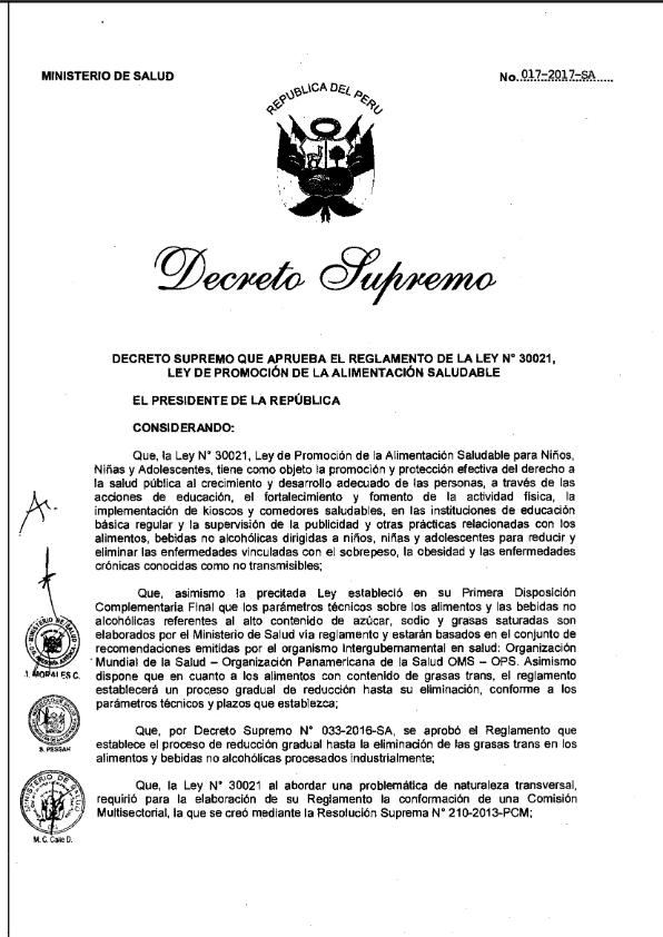 Decreto Supremo N.º 017-2017-SA - Reglamento de la Ley de Promoción de la Alimentación Saludable ...